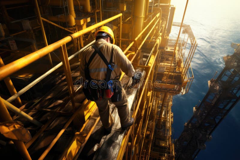 Worker Climbing Ladder on Board of Offshore Oil Rig Stock Image - Image ...