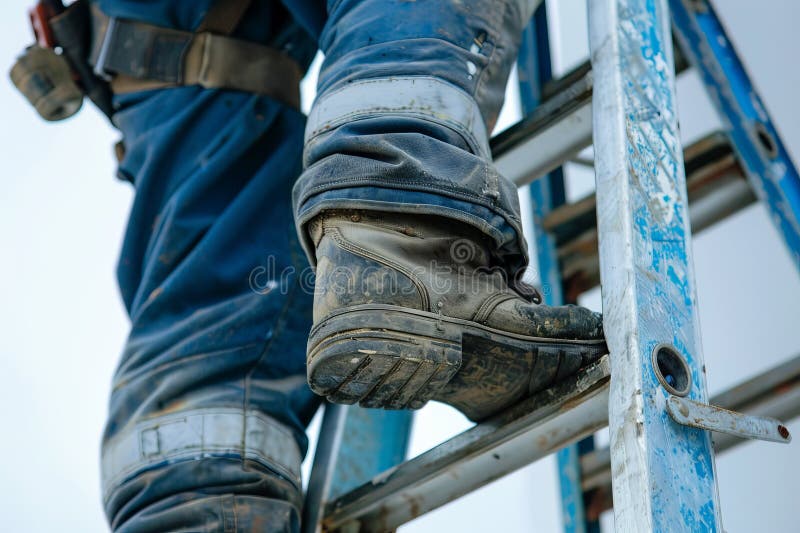 Worker Climbing Ladder in Protective Boots Stock Photo - Image of ...