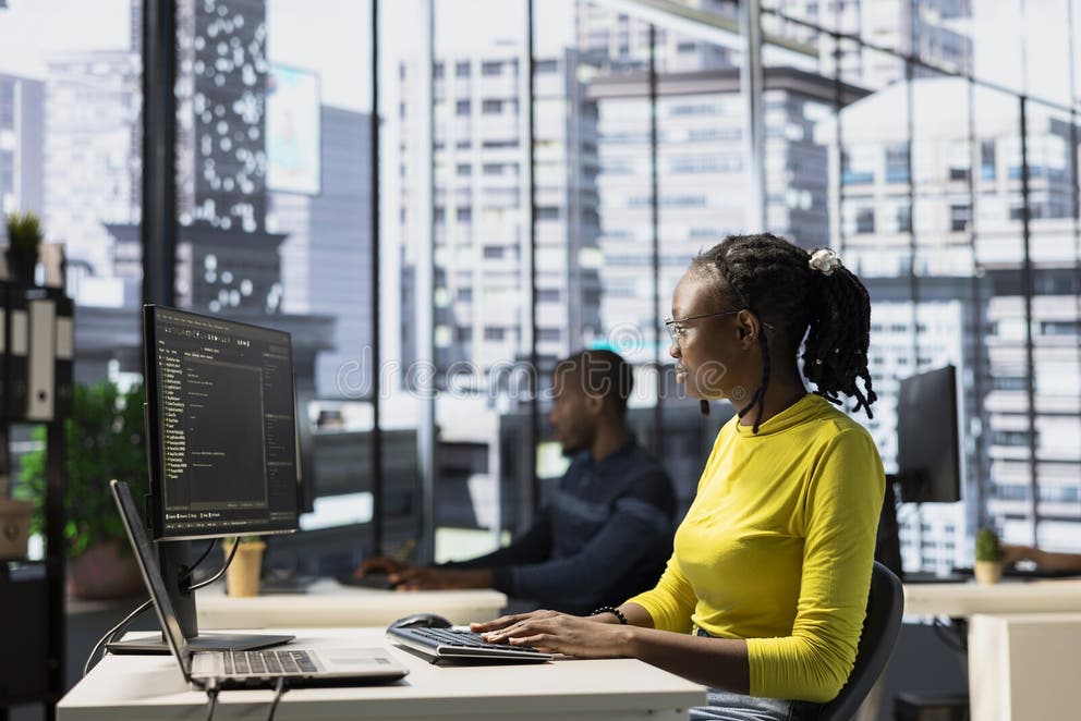 It Worker Coding In Programming Languages To Construct Algorithms Stock Image Image Of Binary