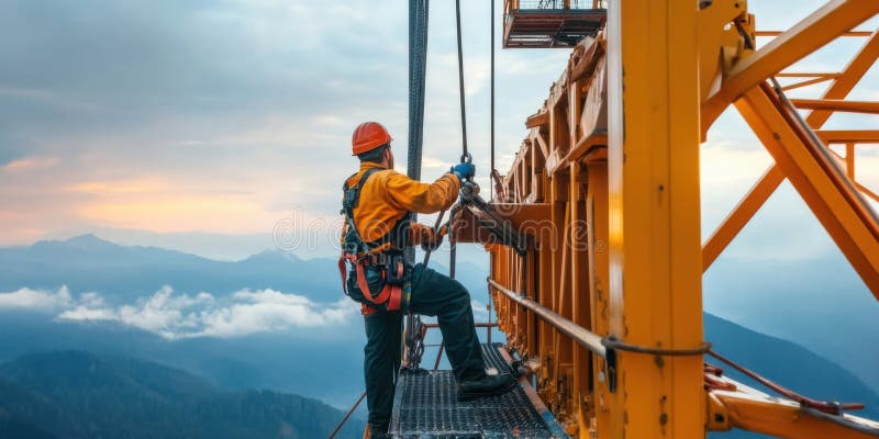 Worker Conducts Maintenance on a High-rise Structure Against a ...