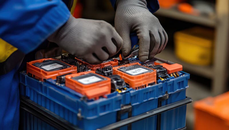 Worker Connecting Components on Battery System in Workshop during ...