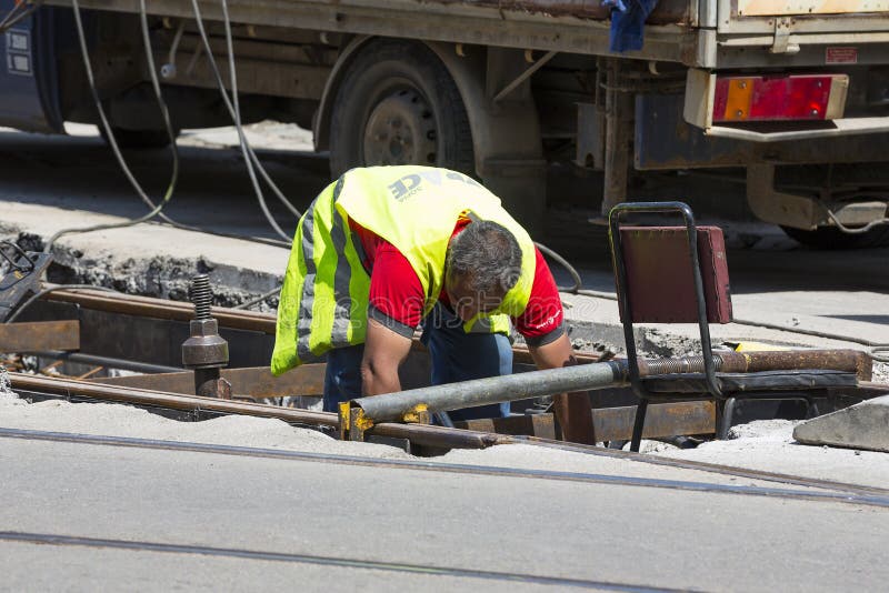 Worker Construct Asphalt Road and Railroad Lines Editorial Stock Image ...