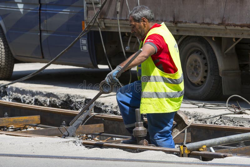 Worker Construct Asphalt Road and Railroad Lines Editorial Photo ...