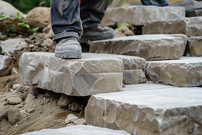 Worker Constructing a Stone Staircase Outdoors, Placing Each Step ...