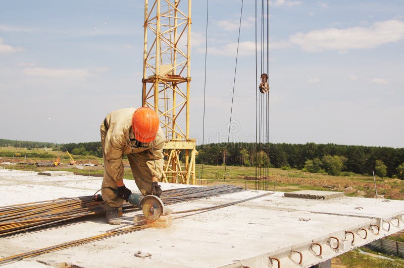 Builder Worker Installing Concrete Slab Stock Photo - Image of ...