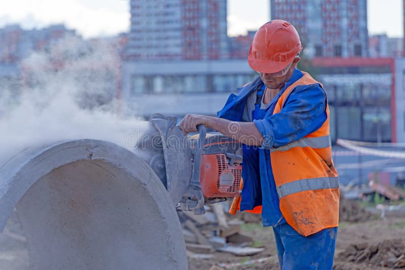 Builder with a Concrete Cutter Stock Photo - Image of pipeline, draw ...