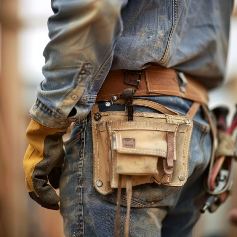 Worker at Construction Site with Tool Belt, Focus on Tools. Stock ...