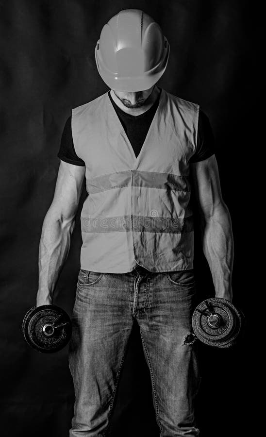 Worker, Contractor, Builder on Busy Face with Muscular Biceps. Strong ...