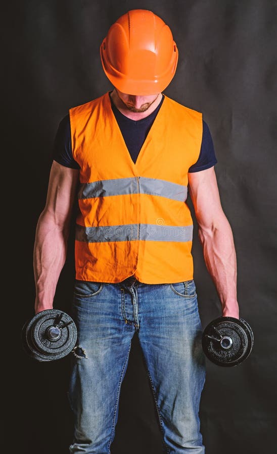 Worker, Contractor, Builder on Busy Face with Muscular Biceps. Strong ...