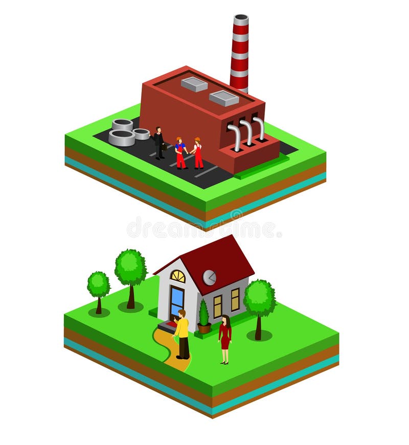 Worker Controls Processes in Production and House 3d Icon Set ...