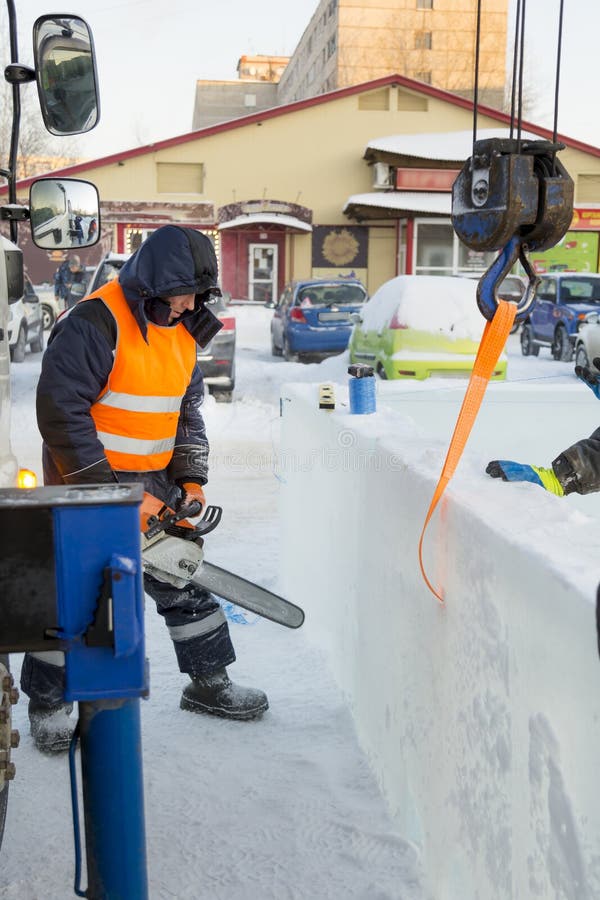Worker Cuts Ice Panel with Gasoline Saw Stock Image - Image of color ...