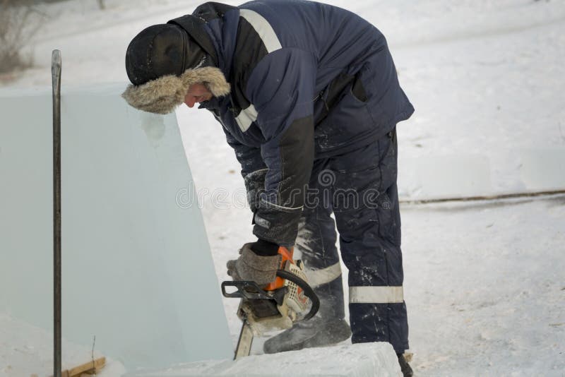 Worker Cuts Ice Panel with Gasoline Saw Stock Photo - Image of industry ...