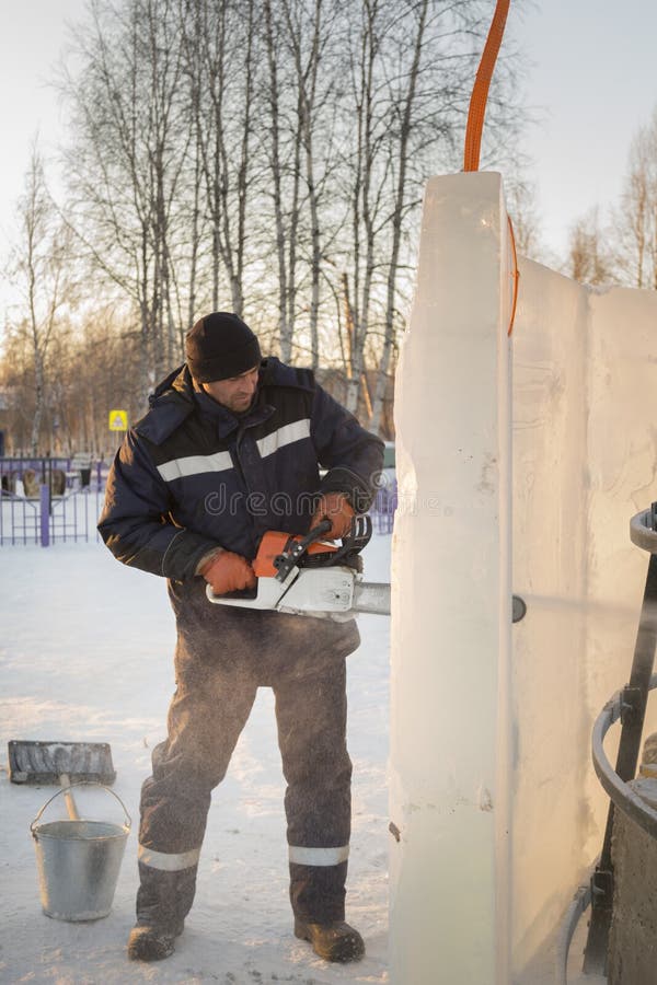 Worker Cuts Ice Panel with Gasoline Saw Stock Photo - Image of frozen ...