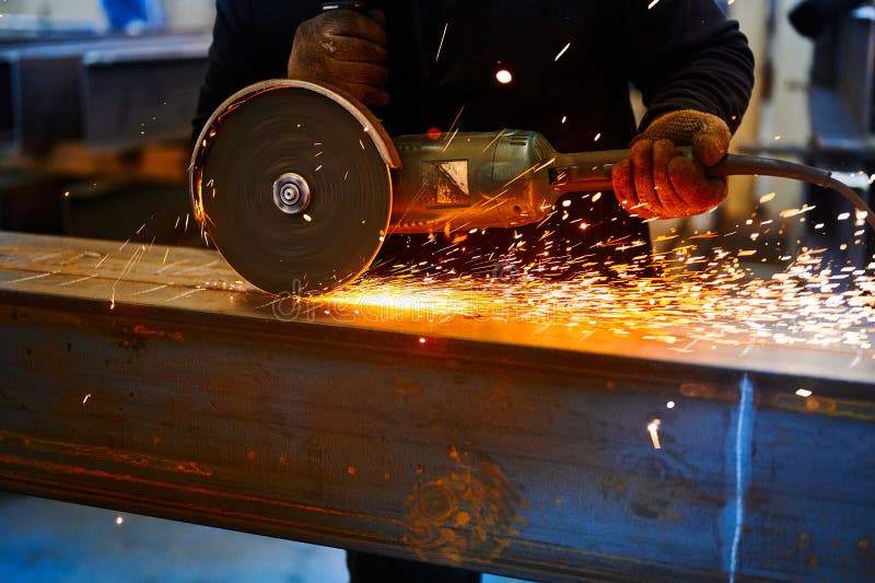 Worker Cuts Metal Beam with Abrasive Disk in Plant Workshop Stock Image ...