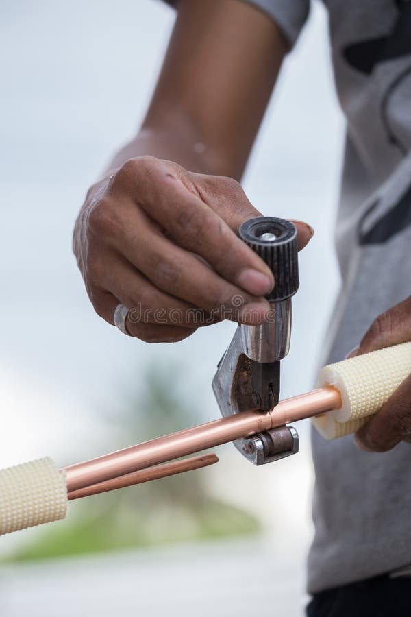 Worker Cutting Copper Pipe of Air Conditioner Stock Image - Image of ...
