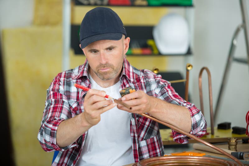 Worker Cutting Copper Pipe Air Conditioner Stock Image - Image of ...