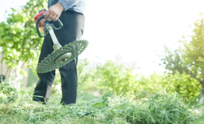 Worker Cutting Grass with a Grass Trimmer Stock Image - Image of ...