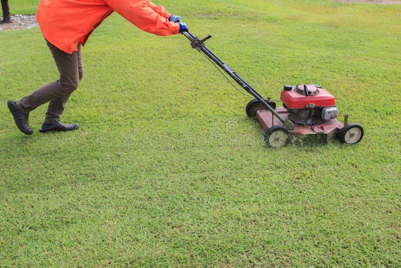 Worker Cutting Green Grass Field by Engine Lawn Mover Stock Photo ...
