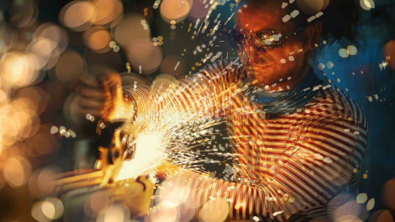 Worker Cutting Metal with Grinder. Sparks while Grinding Iron. Loop ...