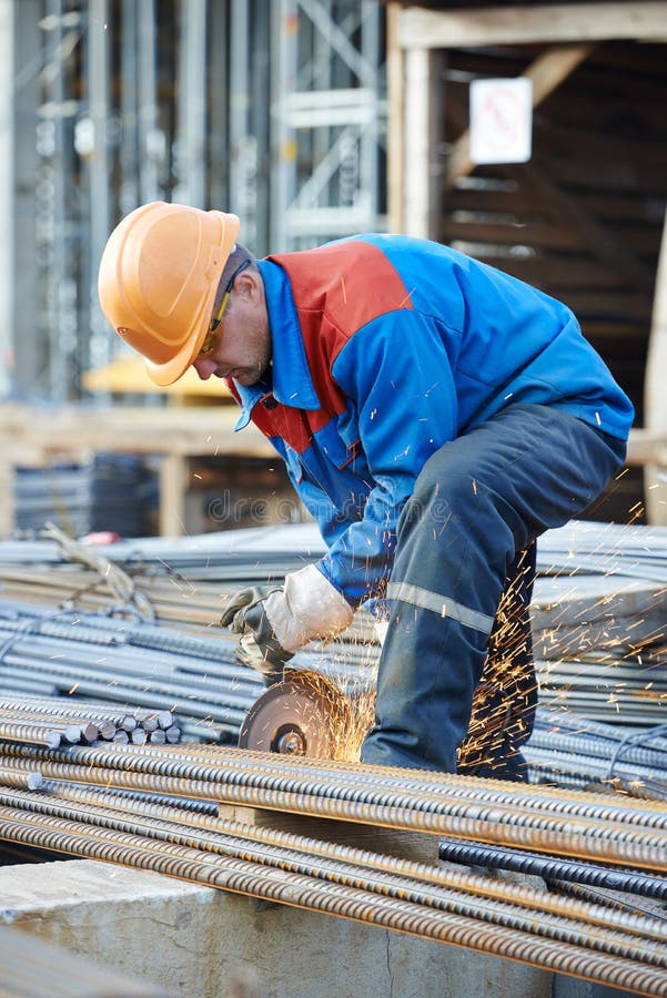 Worker Cutting Rebar by Grinding Machine Stock Photo - Image of fitter ...