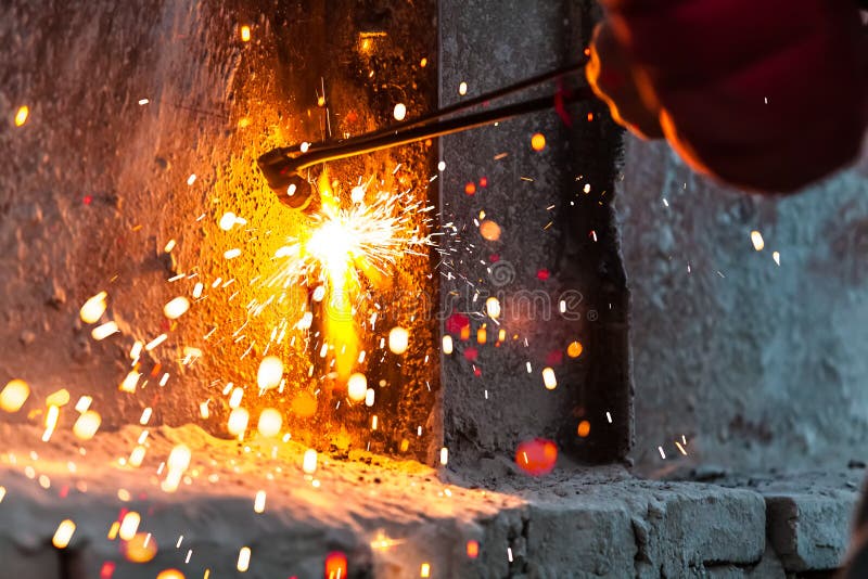 Worker Cutting Steel Board Using Metal Torch Stock Photo - Image of ...