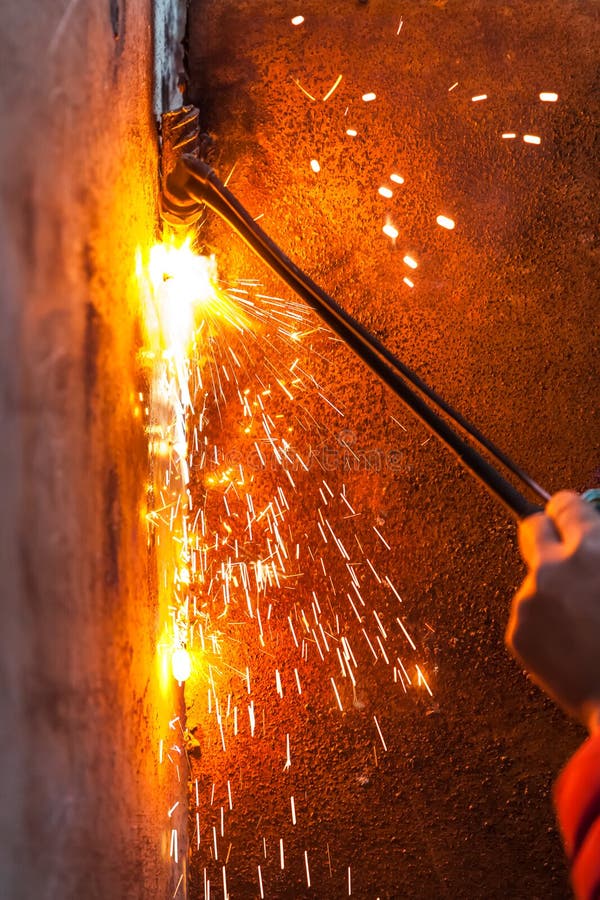 Worker Cutting Steel Board Using Metal Torch Stock Photo - Image of ...
