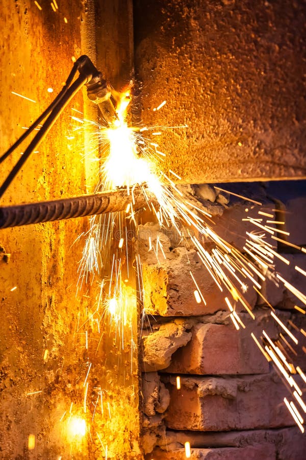 Worker Cutting Steel Pipe Using Metal Torch and Install Roadside Stock ...