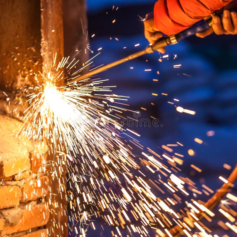 Worker Cutting Steel Board Using Metal Torch Stock Photo - Image of ...