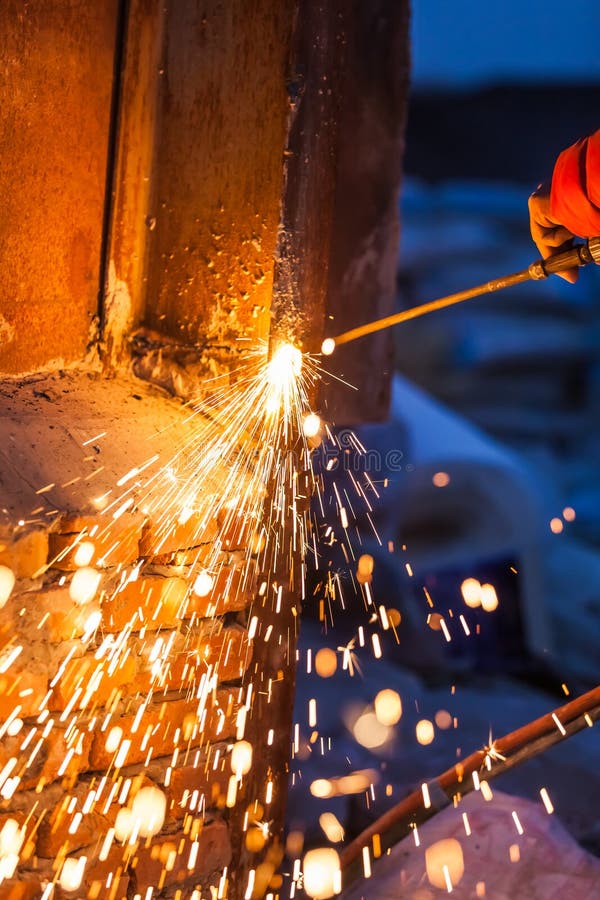Worker Cutting Steel Board Using Metal Torch Stock Image - Image of ...