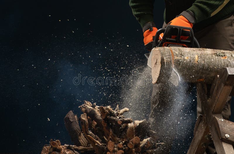 The Worker Cutting the Tree with a Chainsaw Stock Photo - Image of ...