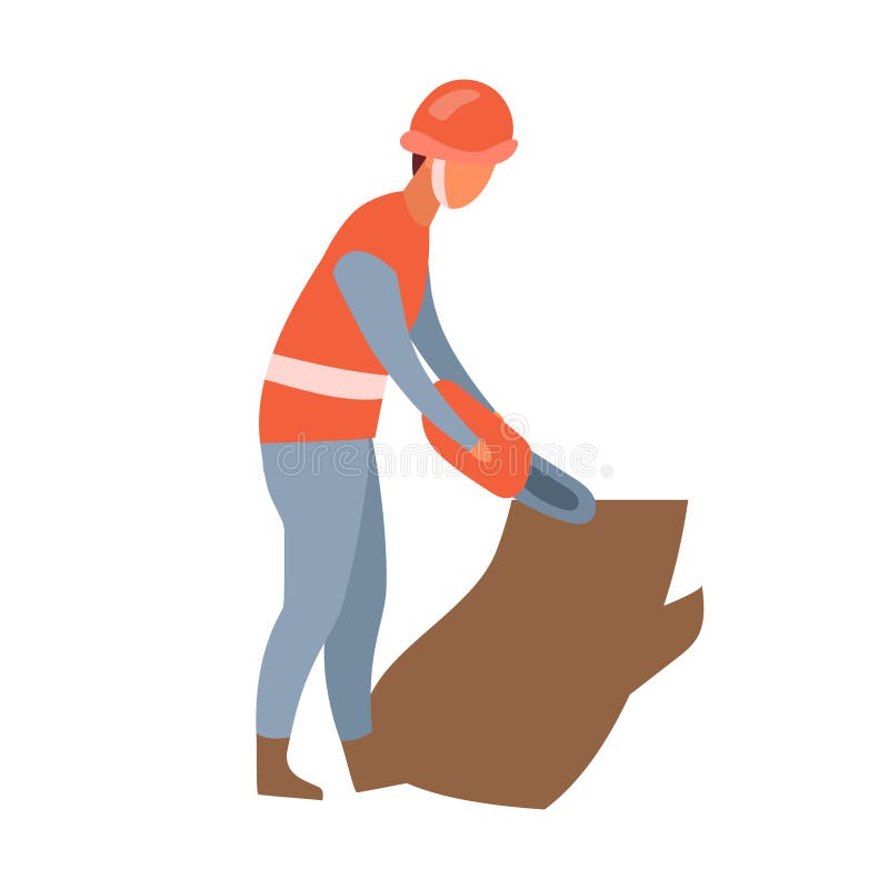 Worker Cutting Tree with Chainsaw Semi Flat Color Vector Character ...