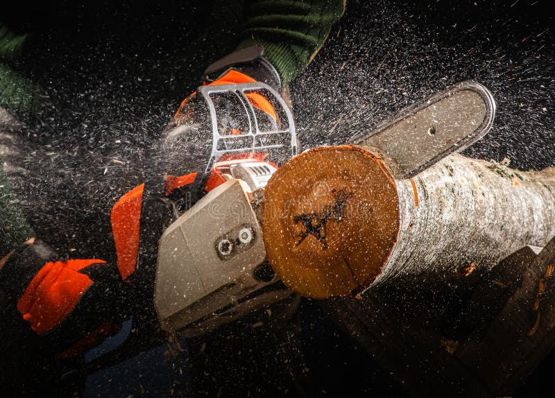 The Worker Cutting the Tree with a Chainsaw Stock Image - Image of ...