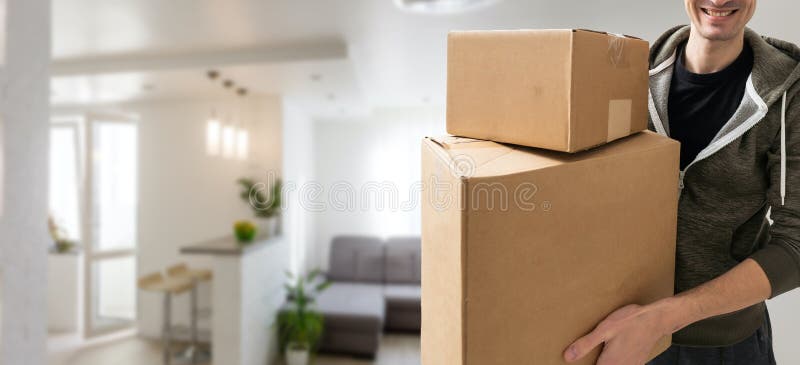 Worker, Delivery Man with Box Stock Photo - Image of door, dealer ...