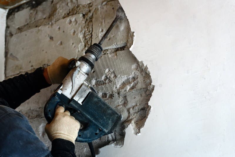 Worker with Demolition Hammer Breaking Interior Wall Stock Image ...