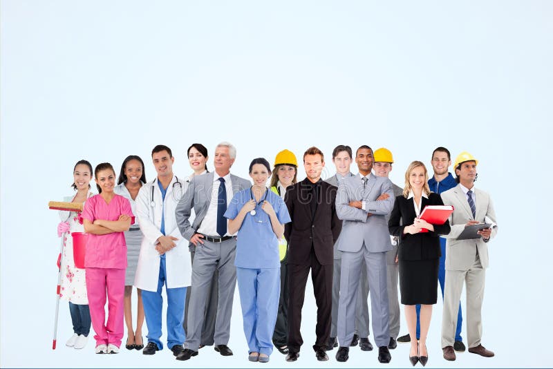 Worker from Different Professions Against Blue Background Stock Photo ...