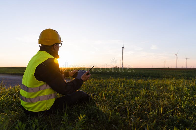 Worker with Digital Tablet Sits on the Grass and Looks at Wind Turbines ...