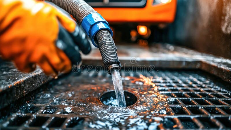 A Worker Directs a Stream of Water from a Hose, Cleaning a Drain in an ...