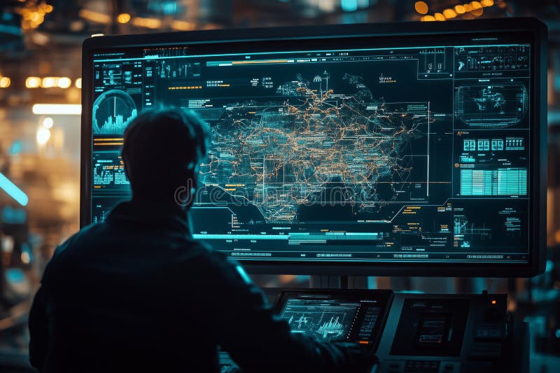 Worker Dispatcher at Monitors Airport Air Traffic Control Radar Map ...