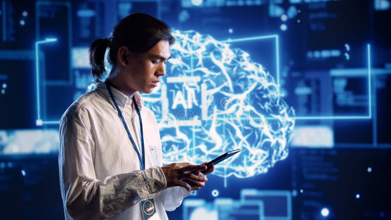 Worker Doing AI Human Brain Simulation Stock Photo - Image of asian ...