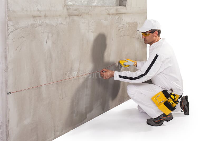 Worker Doing a String Lining on Cement Wall Stock Image - Image of full ...