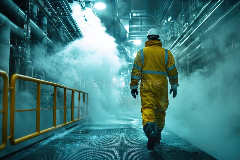 A Worker Dressed in Bright Yellow Protective Clothing Walks Cautiously ...