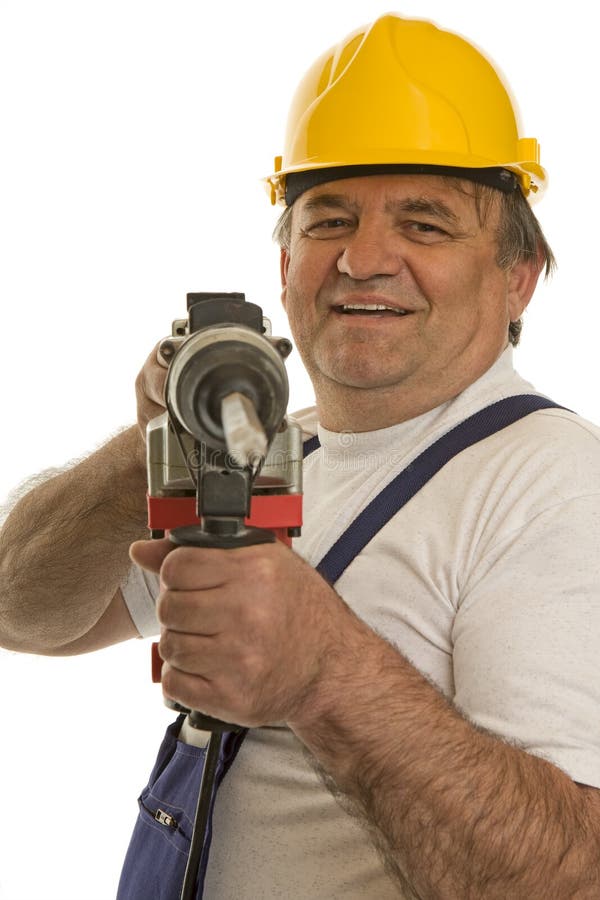 Worker with Drilling Machine and Safety Helmet Stock Photo - Image of ...