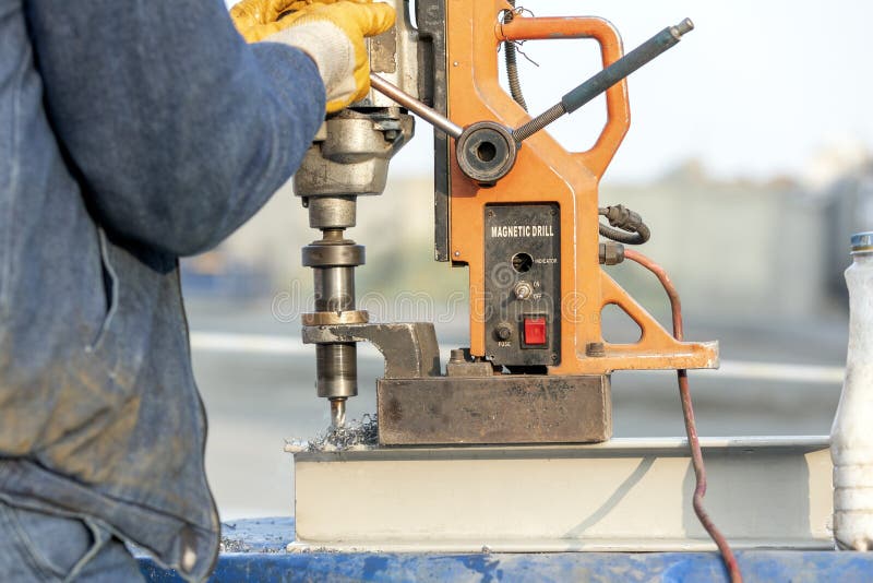 Worker is Drilling To Steel Structure Material with Magnetic Drill ...