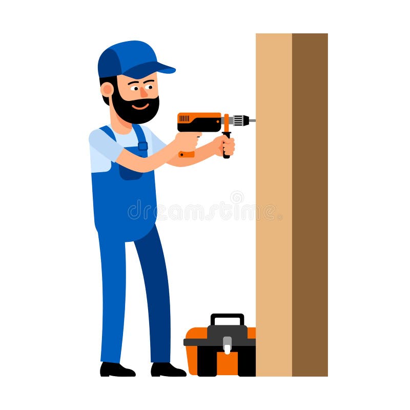 Worker Drills a Hole in the Wall with an Electric Drill Stock Vector ...