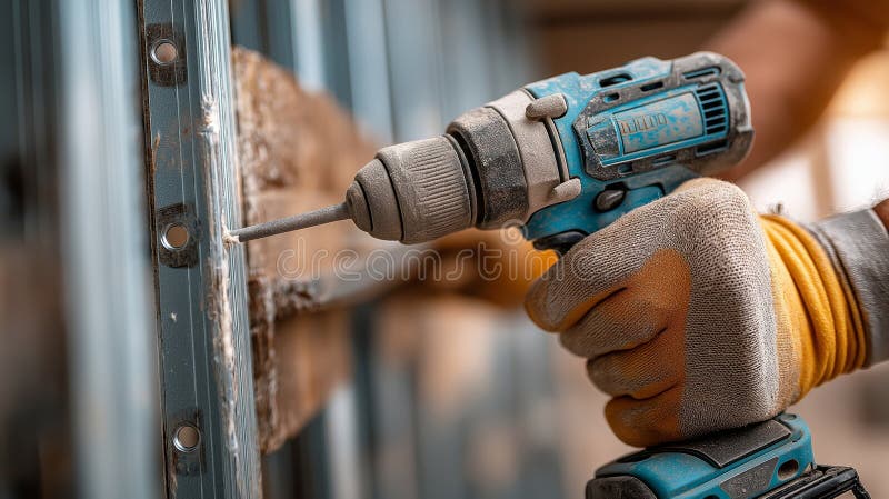 Worker Drills Metal Frame with Power Tool in Indoor Construction Site ...
