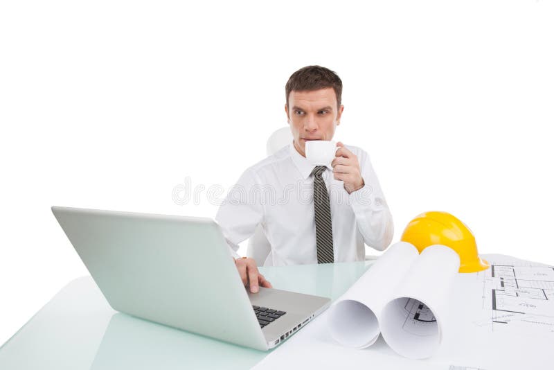Worker Drinking Tea and Using Computer. Stock Photo - Image of desk ...