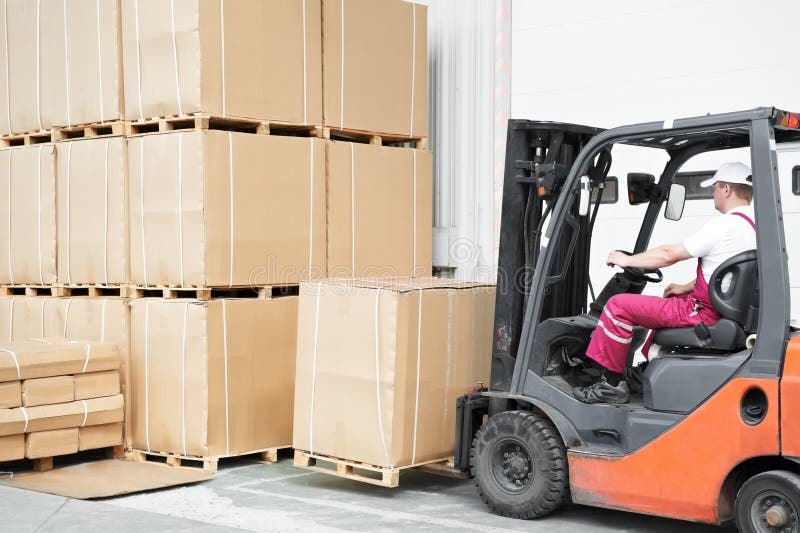 Worker Driver at Warehouse Forklift Stock Photo - Image of cardboard ...