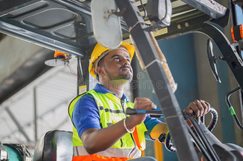 Worker Driver at Warehouse Forklift Loader Works To Containers Box ...