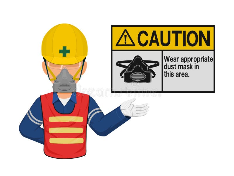 A Worker with Dust Mask is Presenting Dust Mask Warming Sign Stock ...