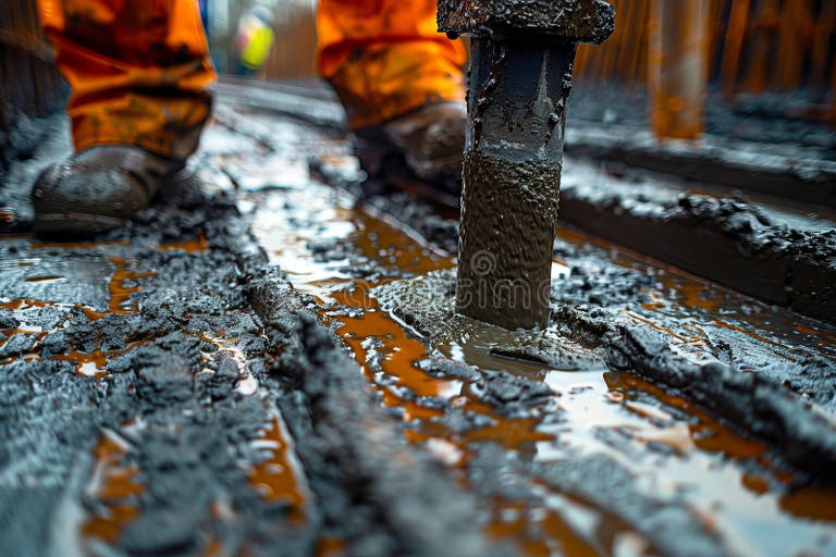 Worker Efficiently Pours Concrete into Foundation for Optimal Building ...